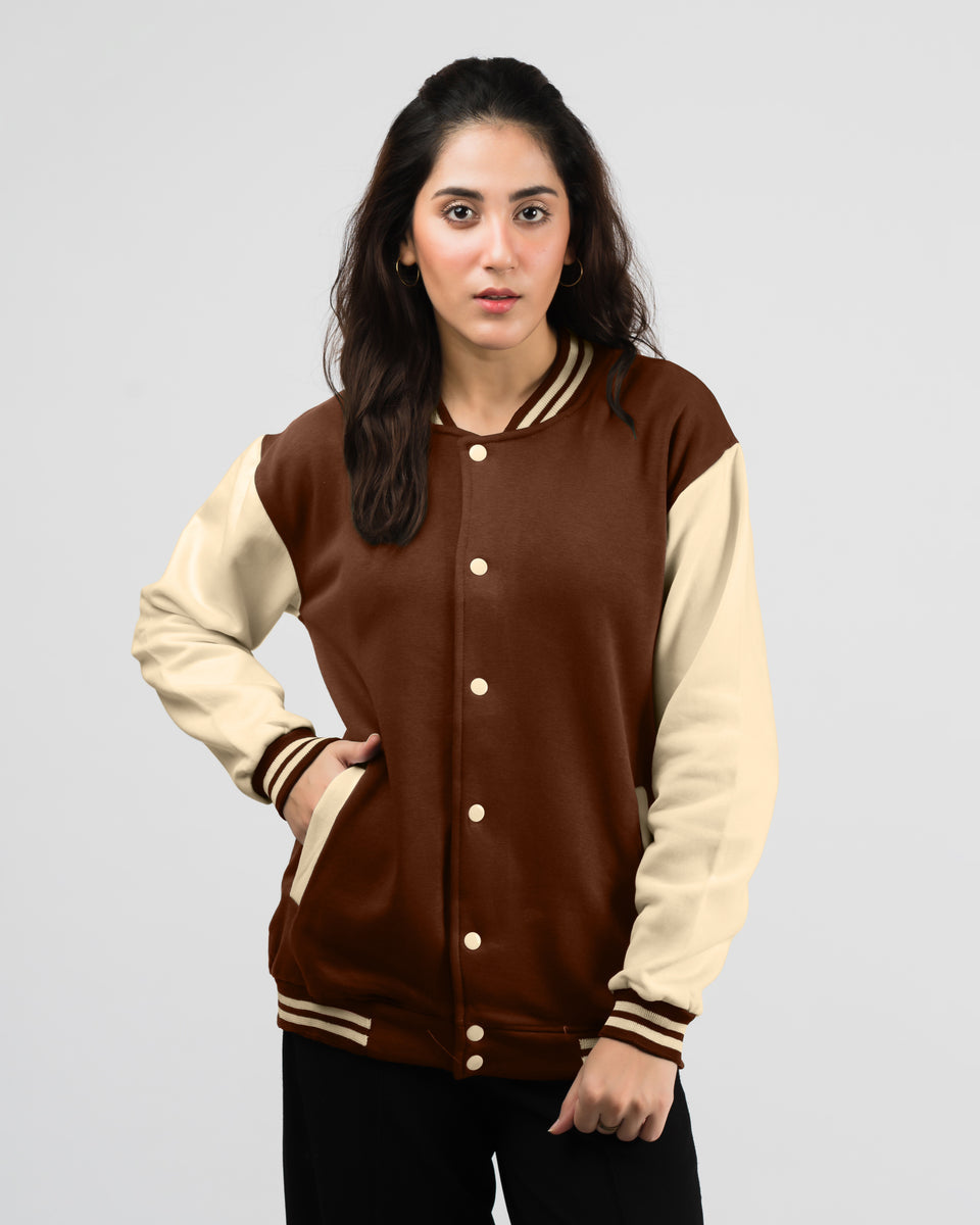 Baseball Style Dark Brown And Beige Varsity Jacket – T-shirt.pk